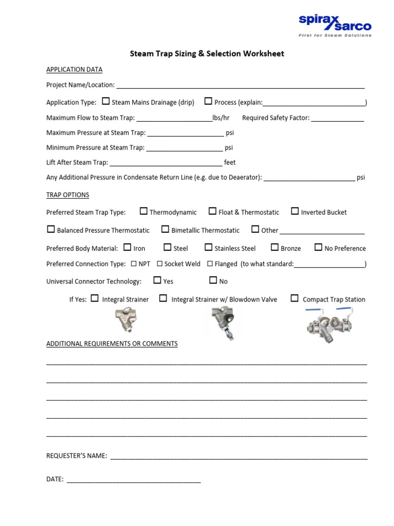 Steam Trap Selection and Sizing Worksheet | PDF
