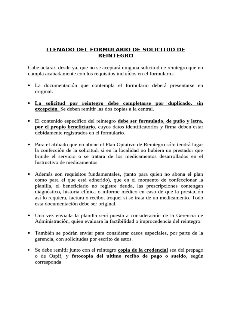 Instructivo Llenado de Formulario Solicitud Reintegro | PDF