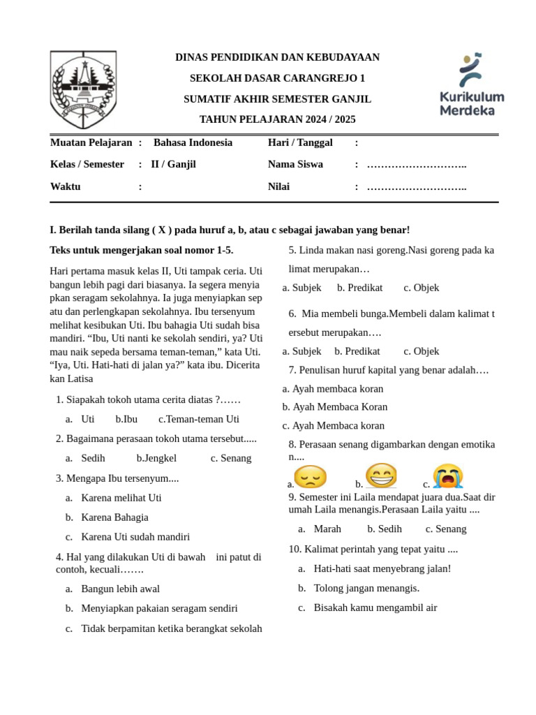 Naskah Sas BHS Indo Ganjil Kelas 2 THN 2024 | PDF