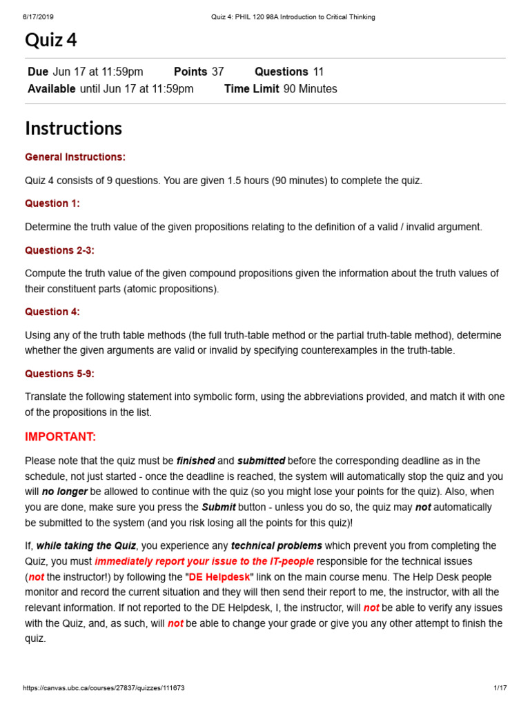 PHIL 120 Quiz 4: Critical Thinking | PDF | Argument | Logic