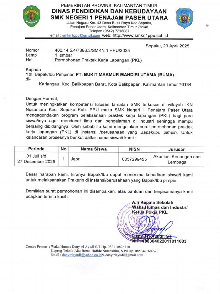 Permohonan Pkl Pt. Buma Smkn 1 Ppu Ta 2025 | PDF