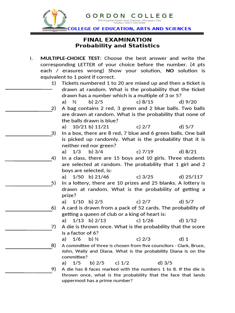 Final Exam Probabilty 7-19-17 | PDF | Probability | Multiple Choice