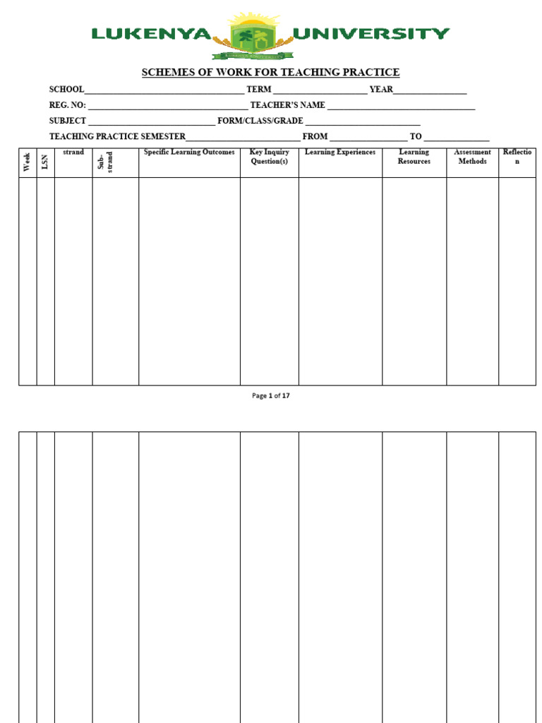 Junior Secondary Schemes of Work For Teaching Practice - Blank Template ...