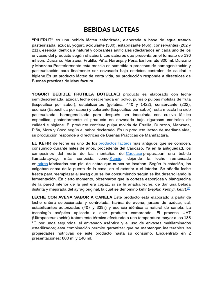 Bebidas Lacteas | PDF | Alimentos | Productos lácteos