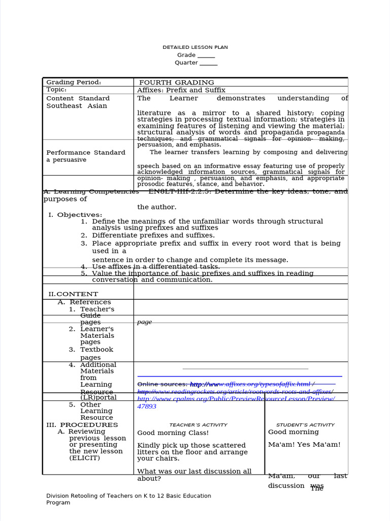 PDF Content Standard Detailed Lesson Plan | PDF | Word | Learning