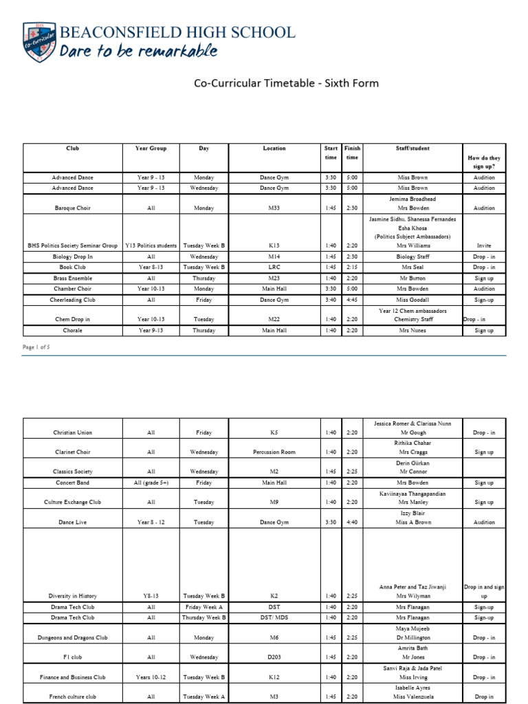 Sixth Form Co-Curricular Timetable | PDF