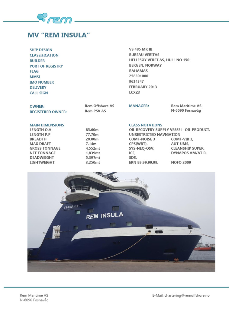 MV" Insula": Ship Design Classification Builder Port of Registry Flag ...