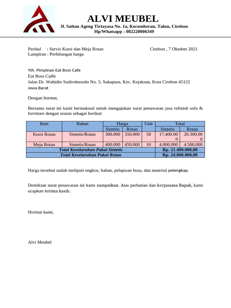 Surat Penawaran Servis Kursi Dan Meja Rotan | PDF