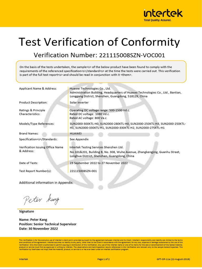 SUN2000-250H1 - 250H3 - 275H1 - 280H0 - 300H0 - 330H1 - 330H2 EMC Cert - Intertek - 20221130 ...