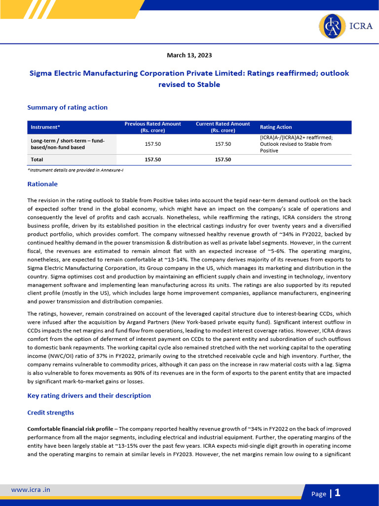 Sigma Electric Ratings Reaffirmed to Stable | PDF | Interest | Working ...