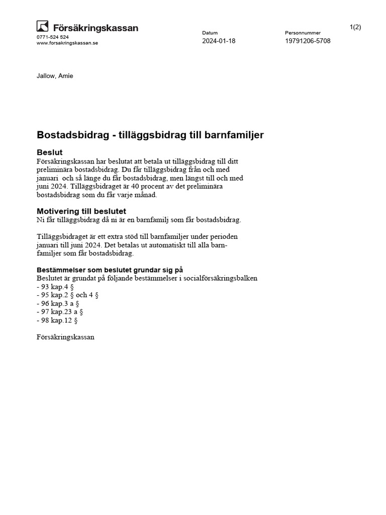 Beslut Om Prel Bostadsbidrag | PDF