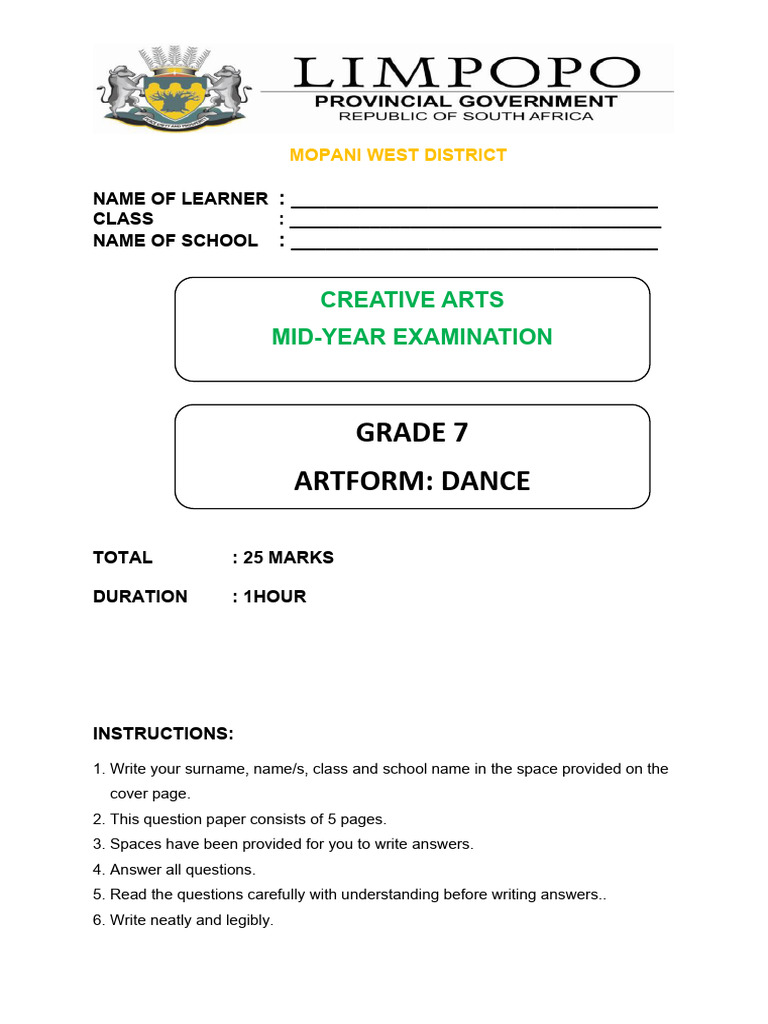 Grade 7 Creative Arts Exam Paper | PDF