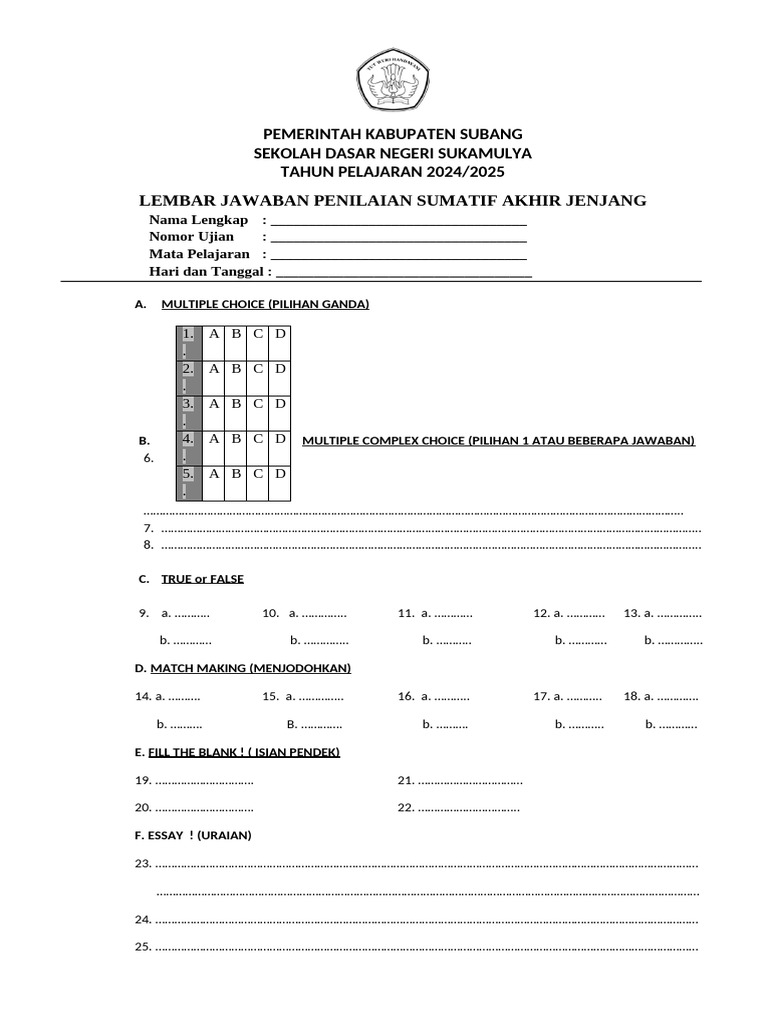 Lembar Jawaban ASAJ BAHASA INGRIS PRINT 2025 | PDF