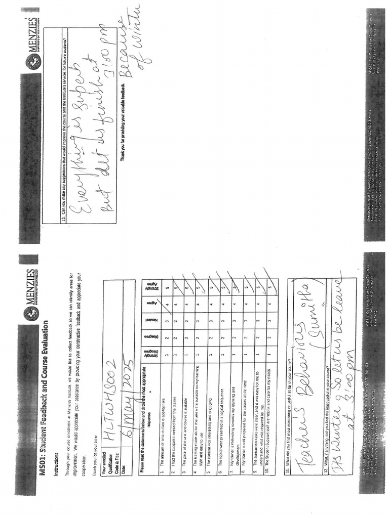 17 A HLTWHS002 Student Feedback Forms | PDF