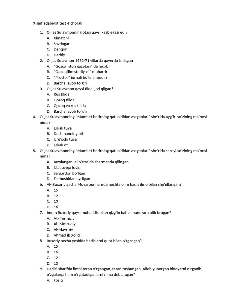 9 Sinf Adabiyot 4 Chorak Test | PDF