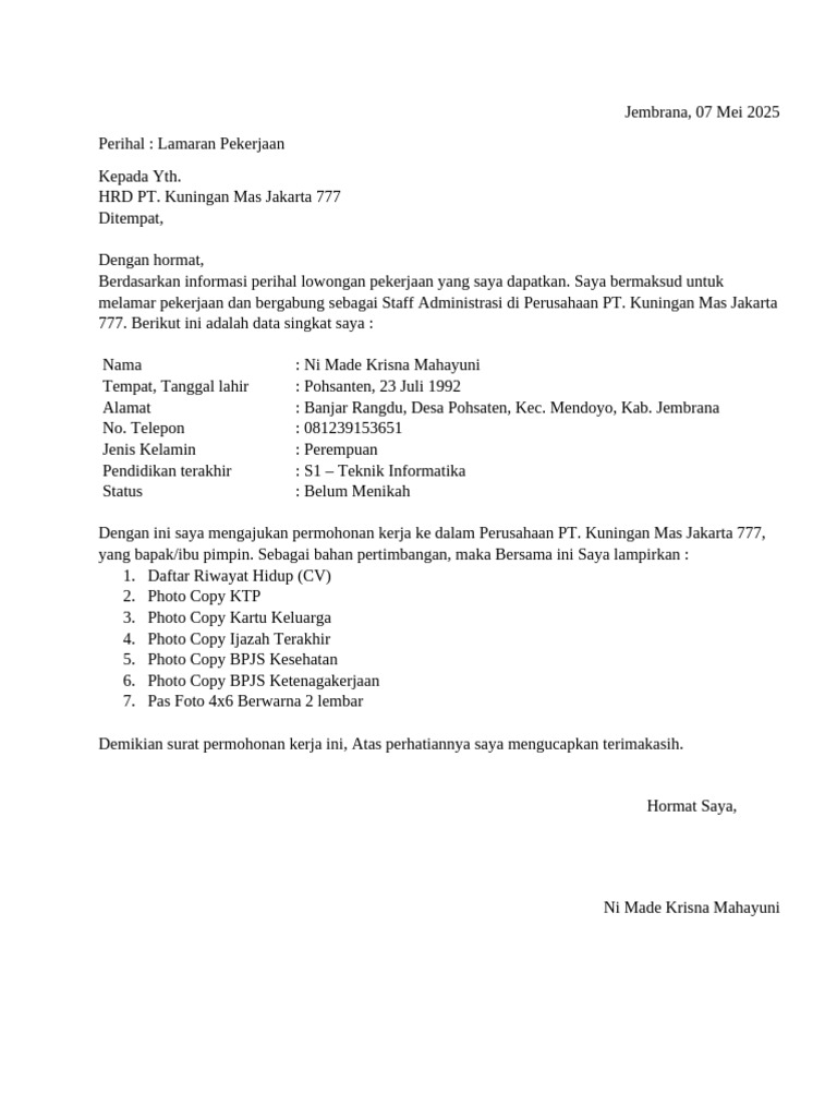 SURAT LAMARAN Alih Daya | PDF