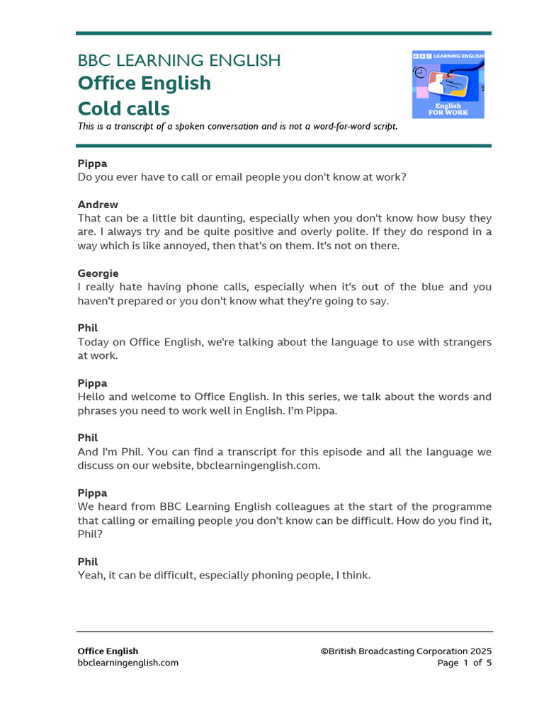 250505_OfficeEnglish_cold_calls_transcript | PDF | English Language