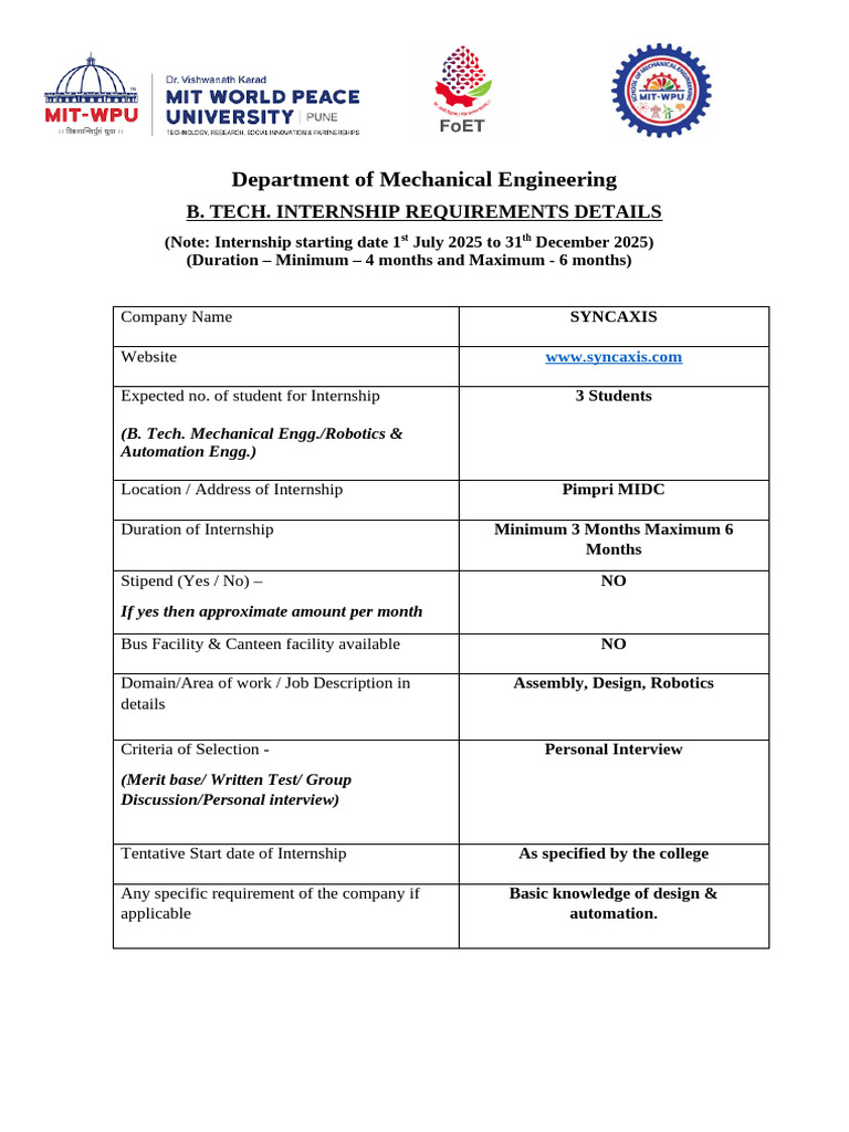 Internship Requirement - MIT-WPU July 2025-1 | PDF