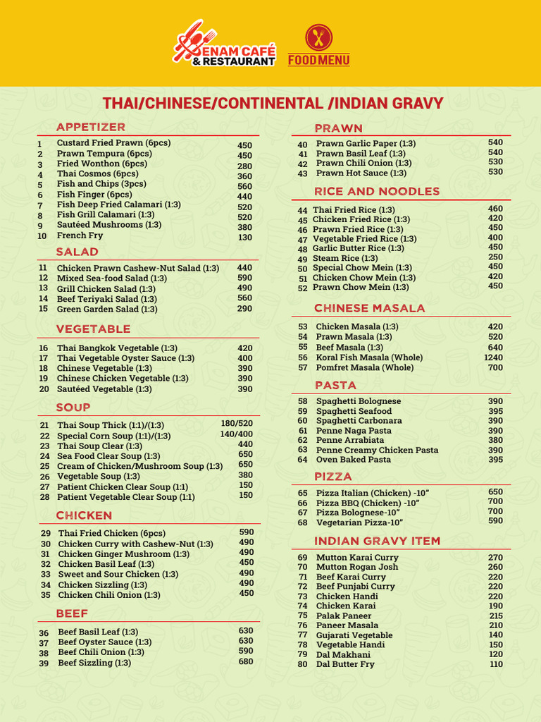 Enam Cafe Menu Overview | PDF | Kebab | Thai Cuisine