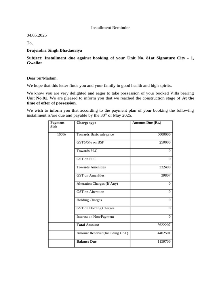 Installment Reminder for Unit Payments | PDF | Private Sector | Money