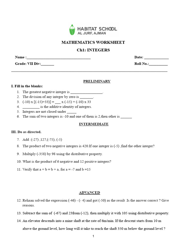 g7 Maths - Integers Worksheet | PDF | Integer | Multiplication