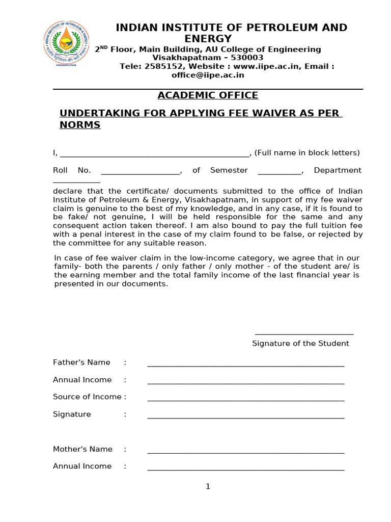 Undertaking Form For Fee-Waiver | PDF