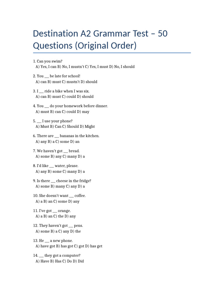 Destination A2 Grammar Test PDF | PDF