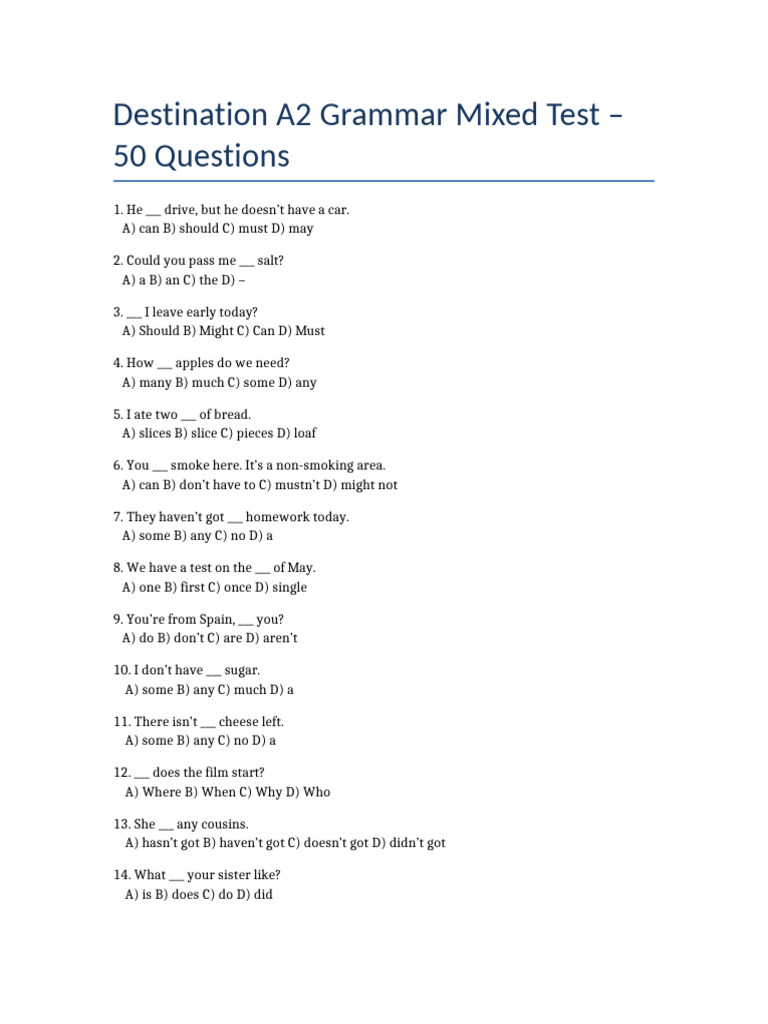 Destination A2 Grammar Mixed Test | PDF | Cooking | Cuisine