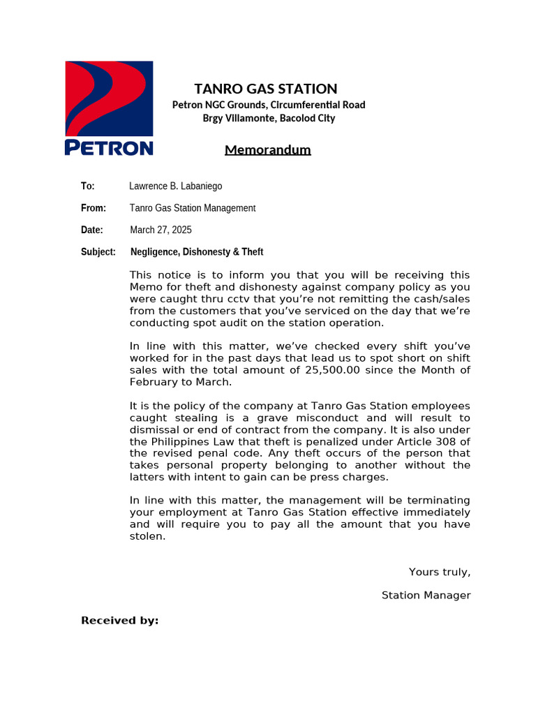 Termination Memo for Employee Theft | PDF