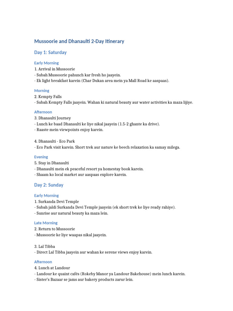 Mussoorie Dhanaulti Itinerary | PDF