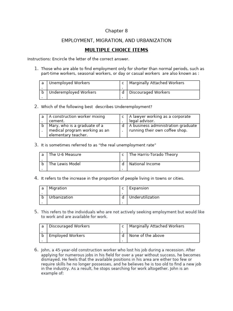 Chapter 8- Employment, Migration, and Urbanization | PDF | Discouraged Worker | Unemployment