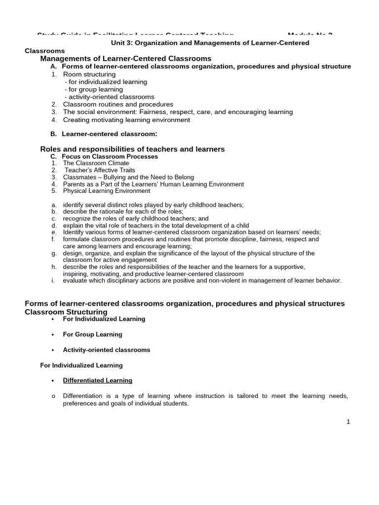 Module 3 Organization and Managements of Learner Centered Classrooms ...