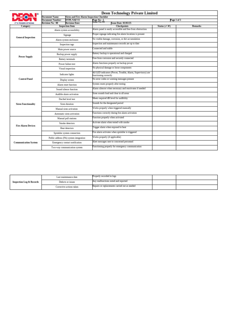 Siren and Fire Alarm Inspection Checklist DTPLSAF15 | PDF | Safety