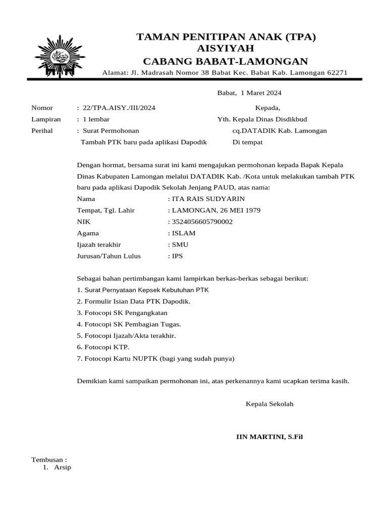 Surat-Permohonan-Tambah-PTK | PDF