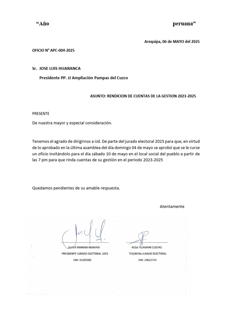 Oficio Invitacion Rendicion de Cuentas | PDF