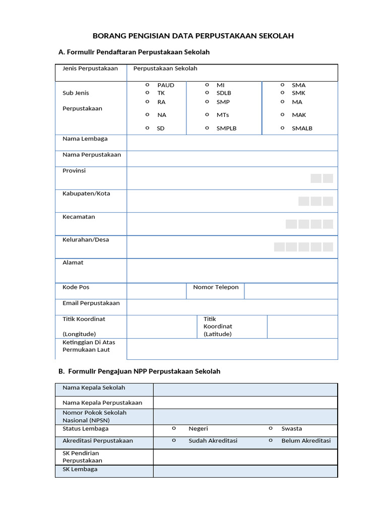 Borang Pengisian Data Perpustakaan Sekolah | PDF