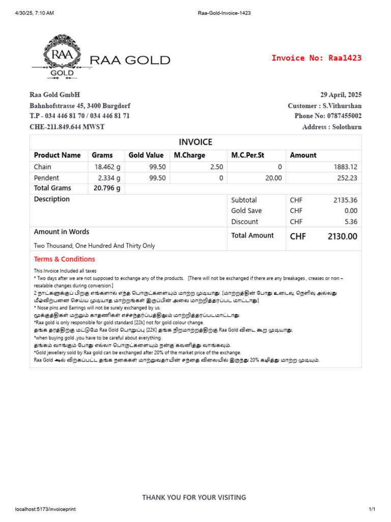 Raa Gold Invoice 1423 | PDF