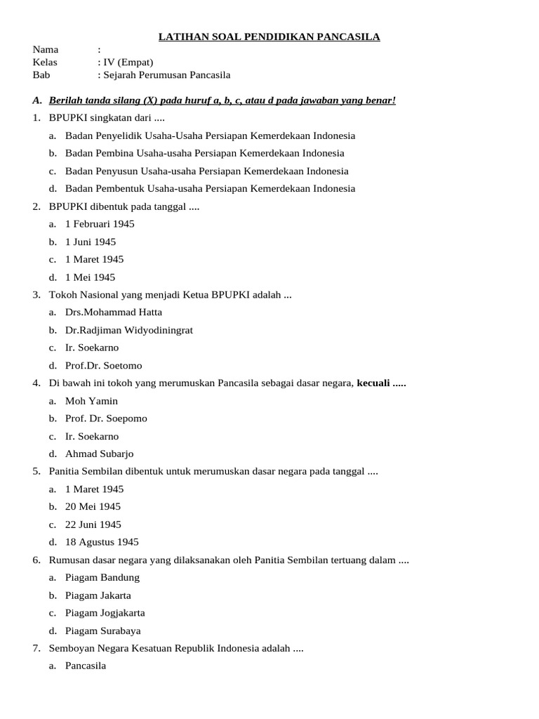 Latihan Soal Pend - Pancasila (Sejarah Perumusan Pancasila) | PDF