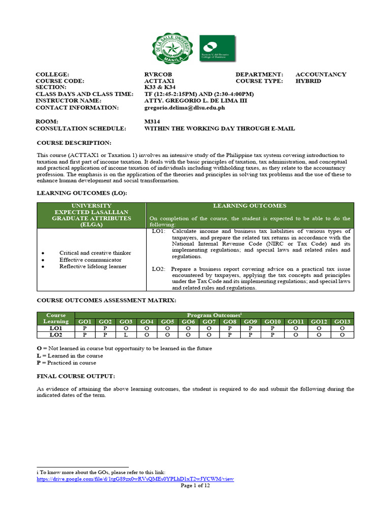 ACTTAX1 - Course Syllabus - 3rd Term AY2024 2025 To Students | PDF | Taxes | Tax Deduction