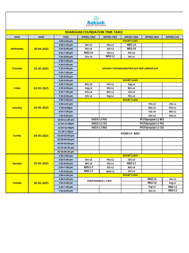 Time Table Foundation - 30th April To 6th May. | PDF