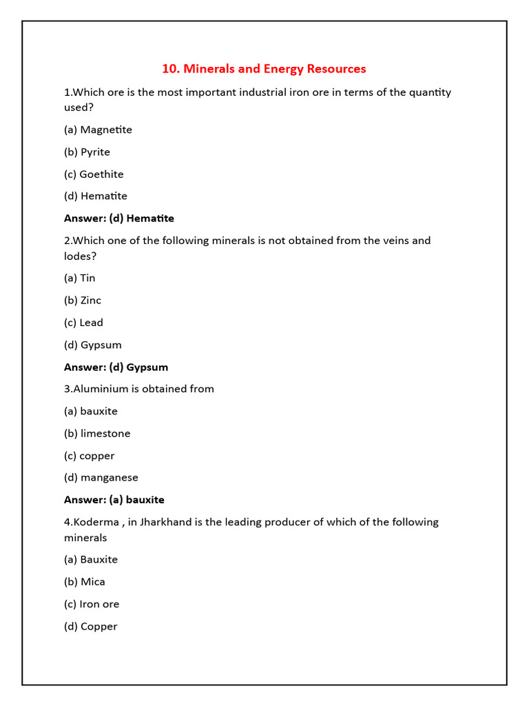 MCQ Minerals and Energy Resources | PDF