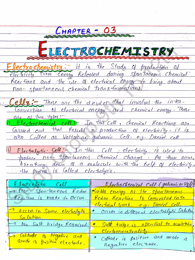 Chapter 3 ELECTROCHEMISTRY Class 12th Chemistry Handwritten PDF Notes | PDF
