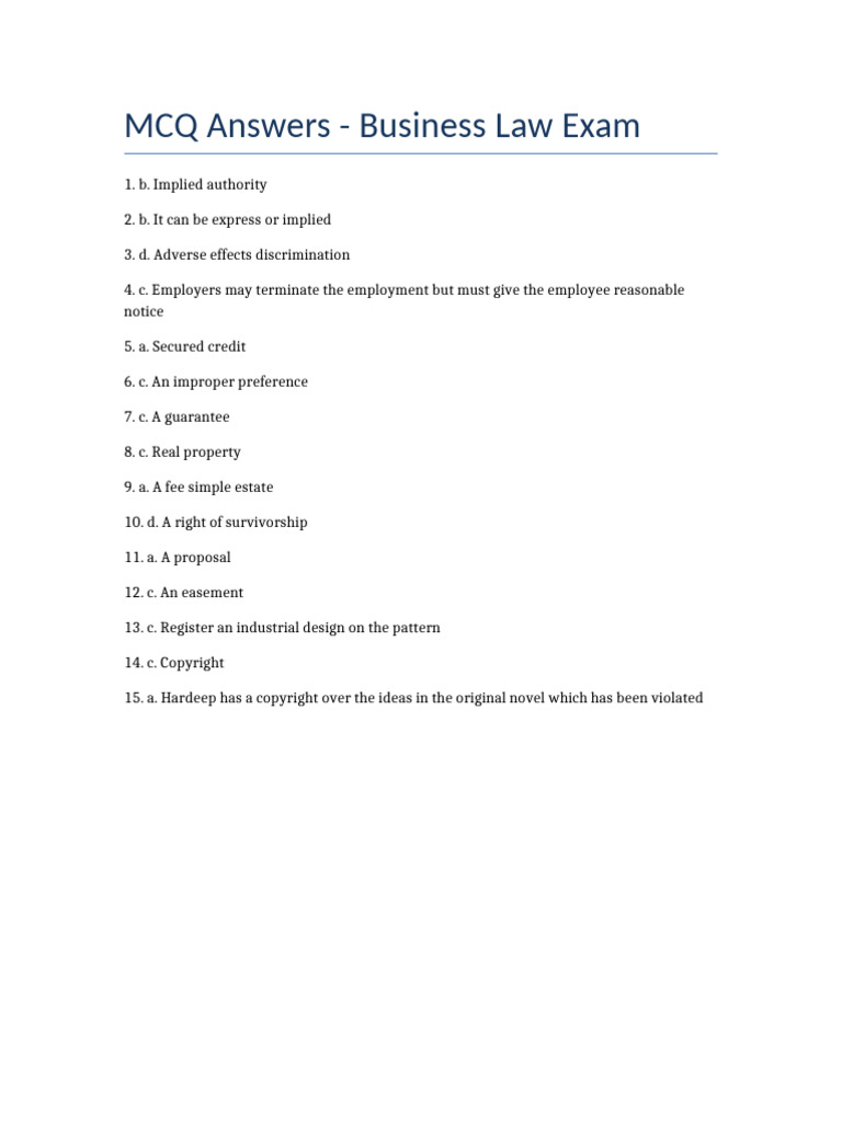 Business Law MCQ Answers | PDF