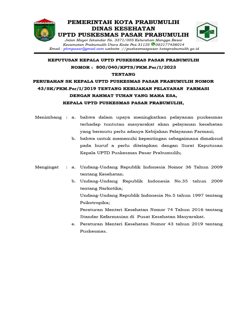 SK Kebijakan Pelayanan Farmasi 2023 | PDF
