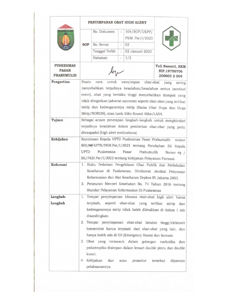 SOP PENYIMPANAN OBAT HIGH ALERT | PDF