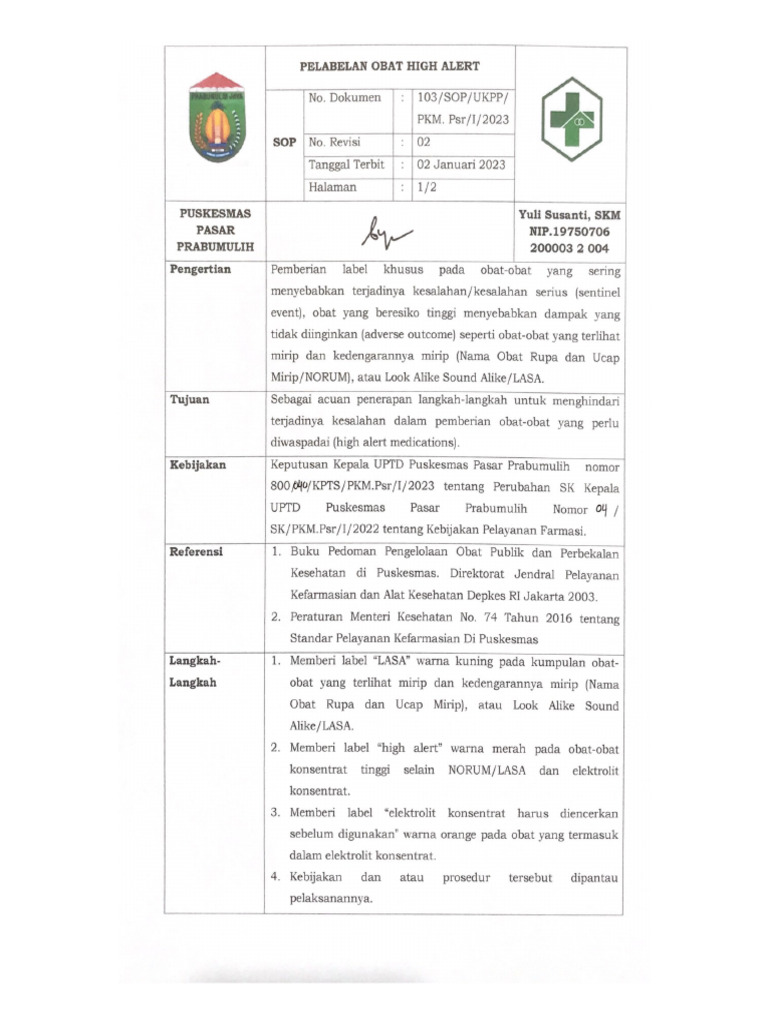 Sop Pelabelan Obat High Alert | PDF