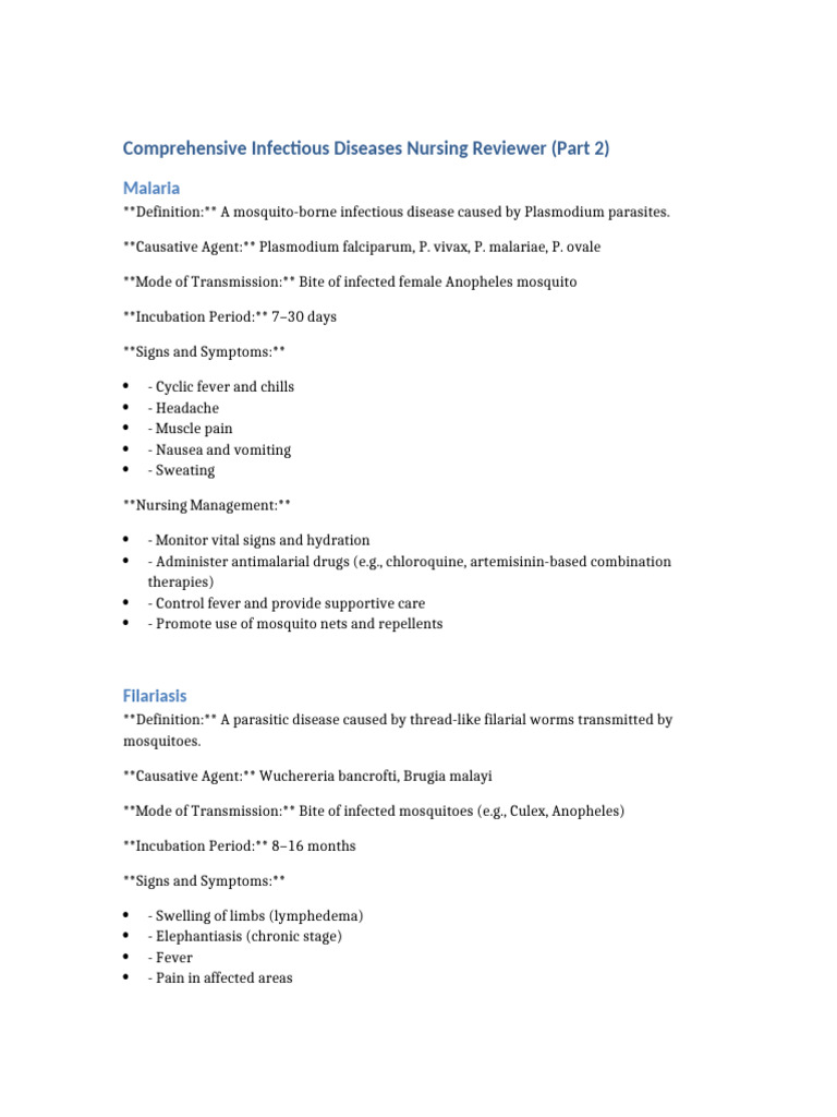 Nursing Infectious Diseases Reviewer Part2 | PDF | Candidiasis | Malaria