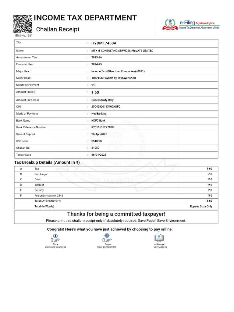 25042600145409HDFC ChallanReceipt | PDF | Taxes | Personal Finance