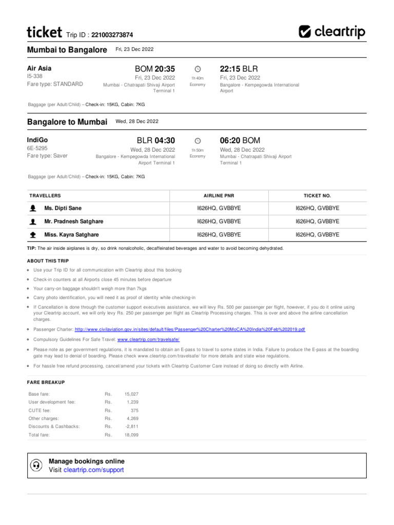Cleartrip Flight Domestic E-Ticket (1) | PDF | Airport | Transport