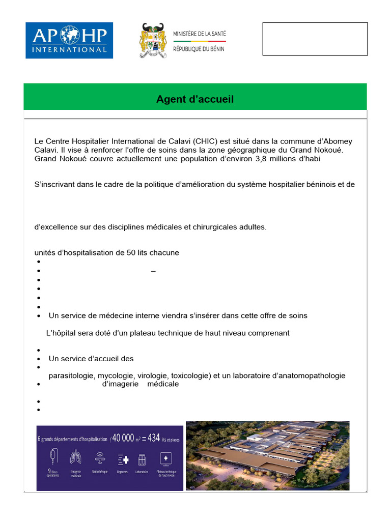 Agent d'Accueil au CHIC de Calavi | PDF | Hôpital | Médecine clinique